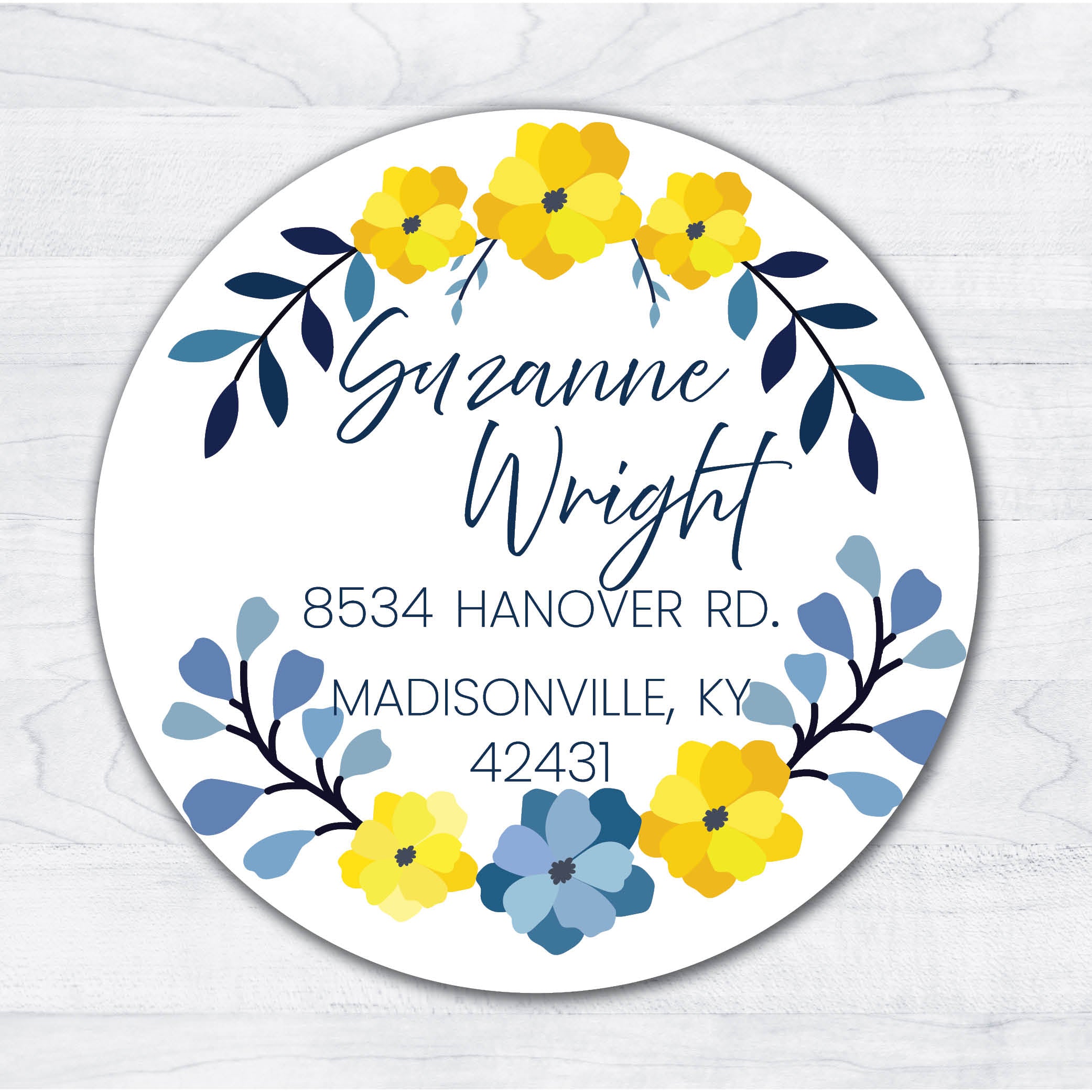 Blue & Yellow Floral Return Address Circle Labels – Stella's Stickers ...
