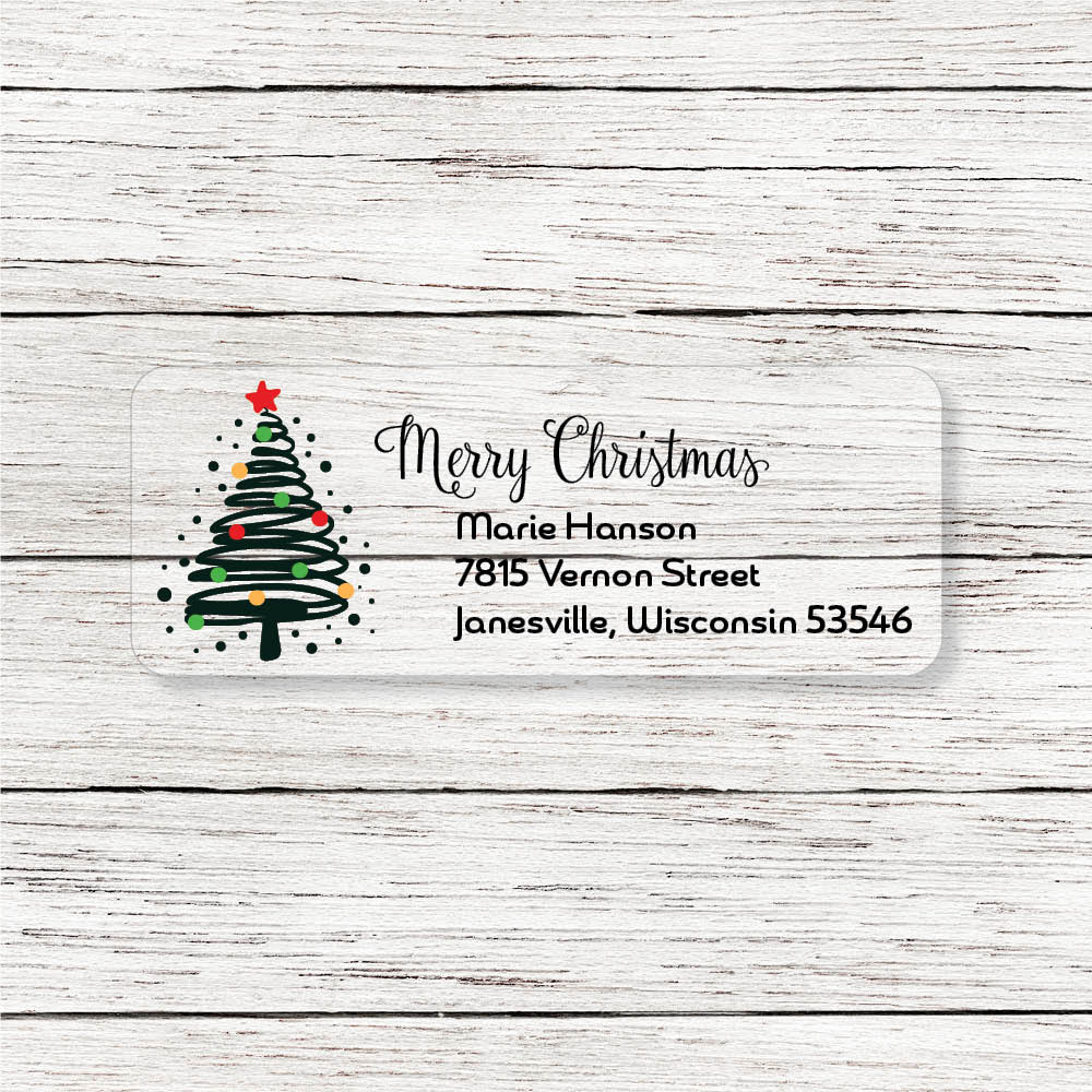 Colorful Swirly Christmas Tree Clear Return Address Labels – Stella's ...